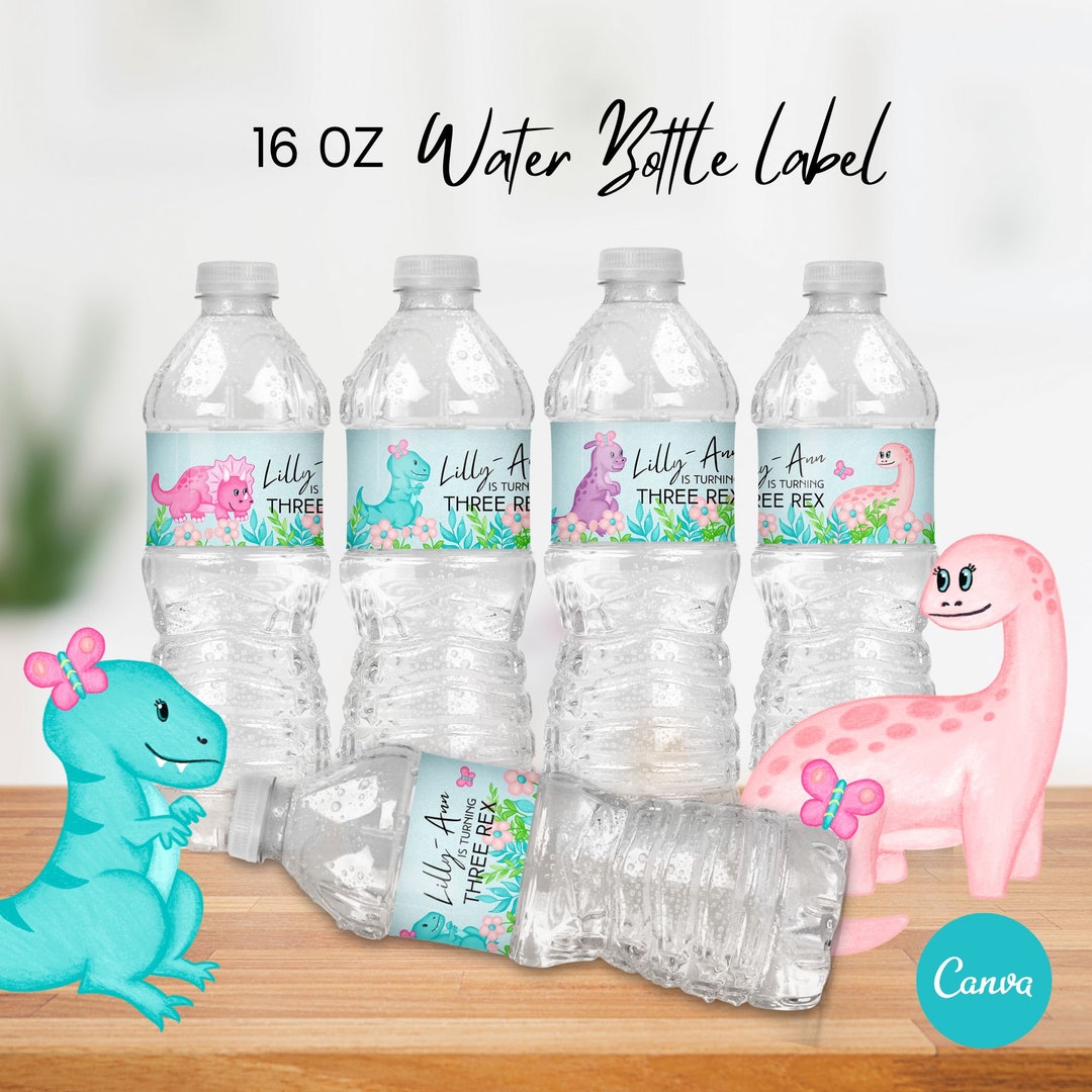 Girls Dinosaur Party Water Bottle Labels, Editable 16oz Water Bottle ...