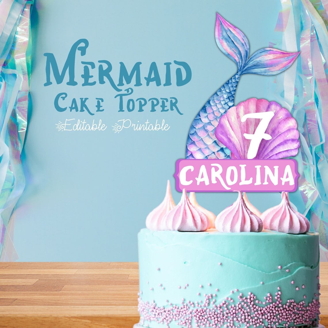 Printable Mermaid Cake Topper. Editable Cake Topper for Girls | Etsy