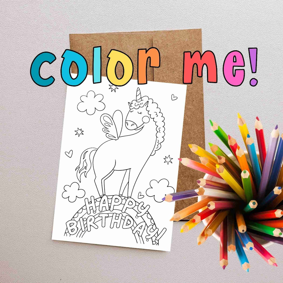 Printable Coloring Happy Birthday Card - Elegant Cute Unicorn - Etsy