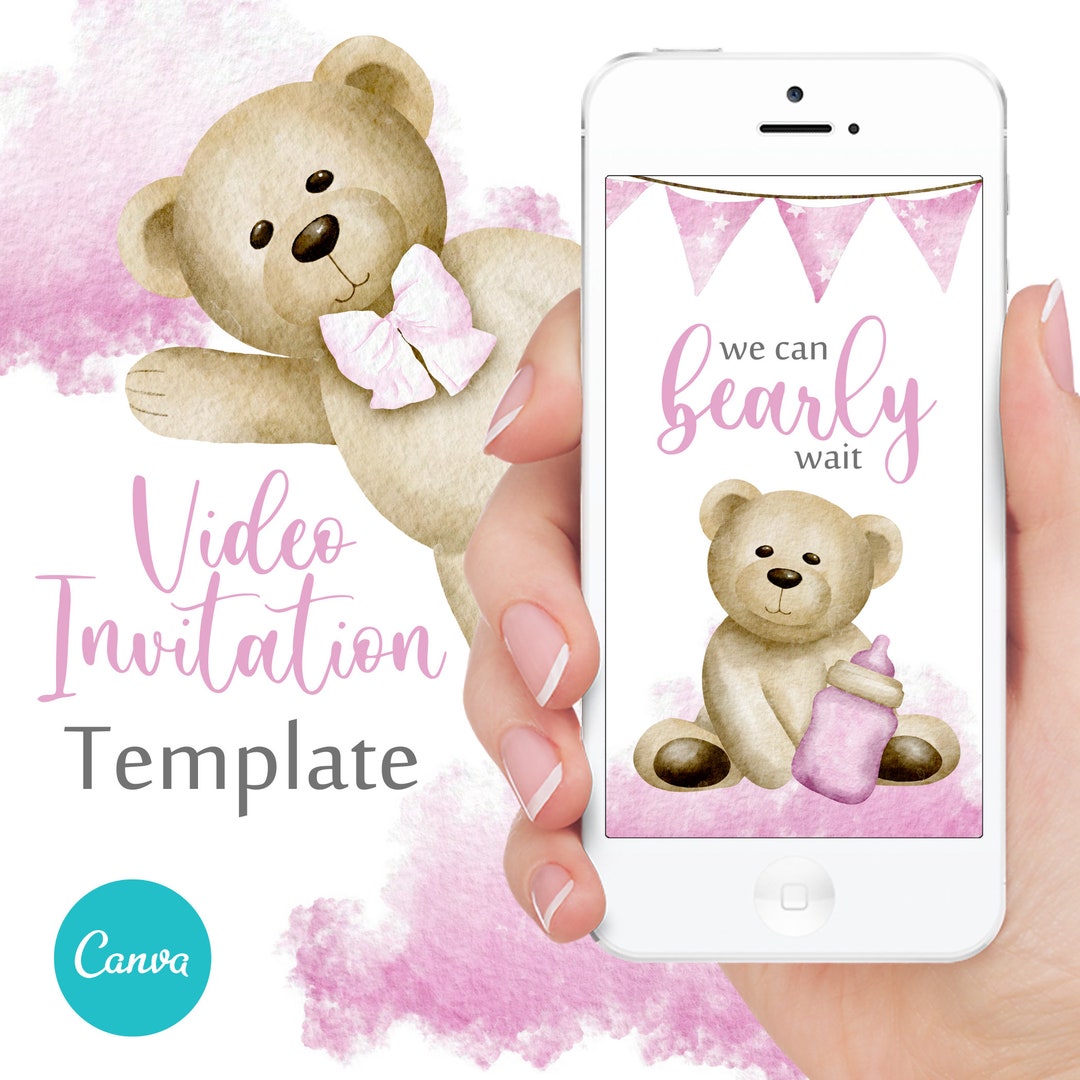 Teddy Bear Baby Shower, Editable Digital Video Invitation, Pink Bear ...