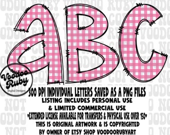 Blue and White Gingham Doodle Letters PNG Sublimation Doodle Letters ...