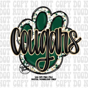 Cougars Mascot Paw Print PNG: Green & Gold Sublimation (digital ...