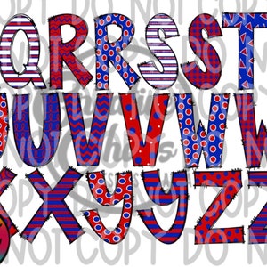 Doodle Letters PNG Alphabet: Red Blue Hand Drawn Font (digital Download ...