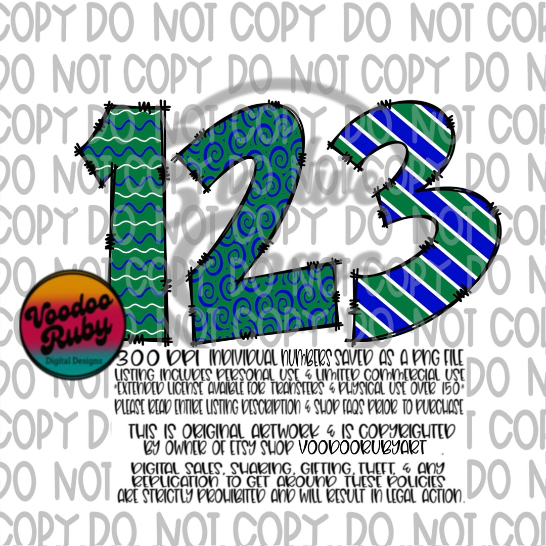 Green and Royal Blue Doodle Numbers PNG Bundle, Hand Drawn Sublimation ...