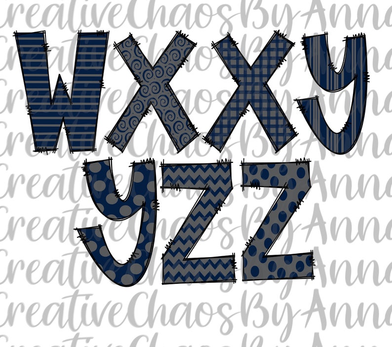 Navy Blue and Gray Doodle Letters Alphabet Bundle PNG Hand - Etsy