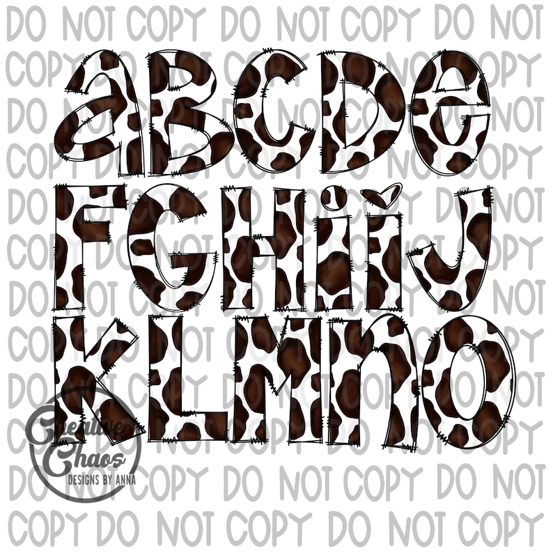 Cow Print PNG Doodle Letters Design, Hand Drawn Alphabet Sublimation ...