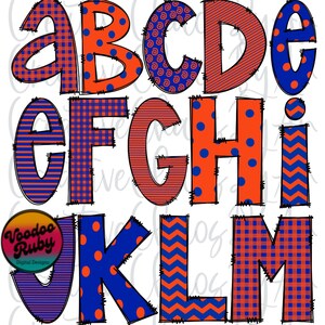 Blue Orange Doodle Letters PNG Sublimation Alphabet Bundle Hand Drawn ...