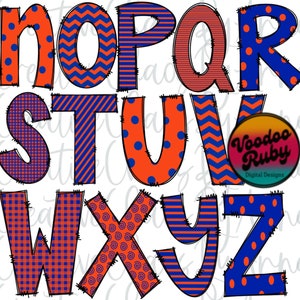 Blue Orange Doodle Letters PNG Sublimation Alphabet Bundle Hand Drawn ...
