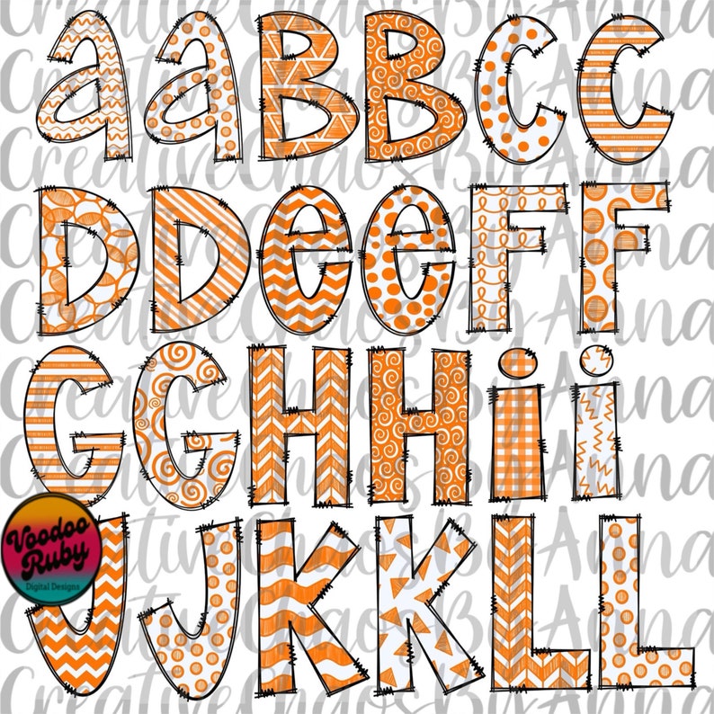 Doodle Alphabet PNG Bundle: Orange & White Hand Drawn Letters (digital ...