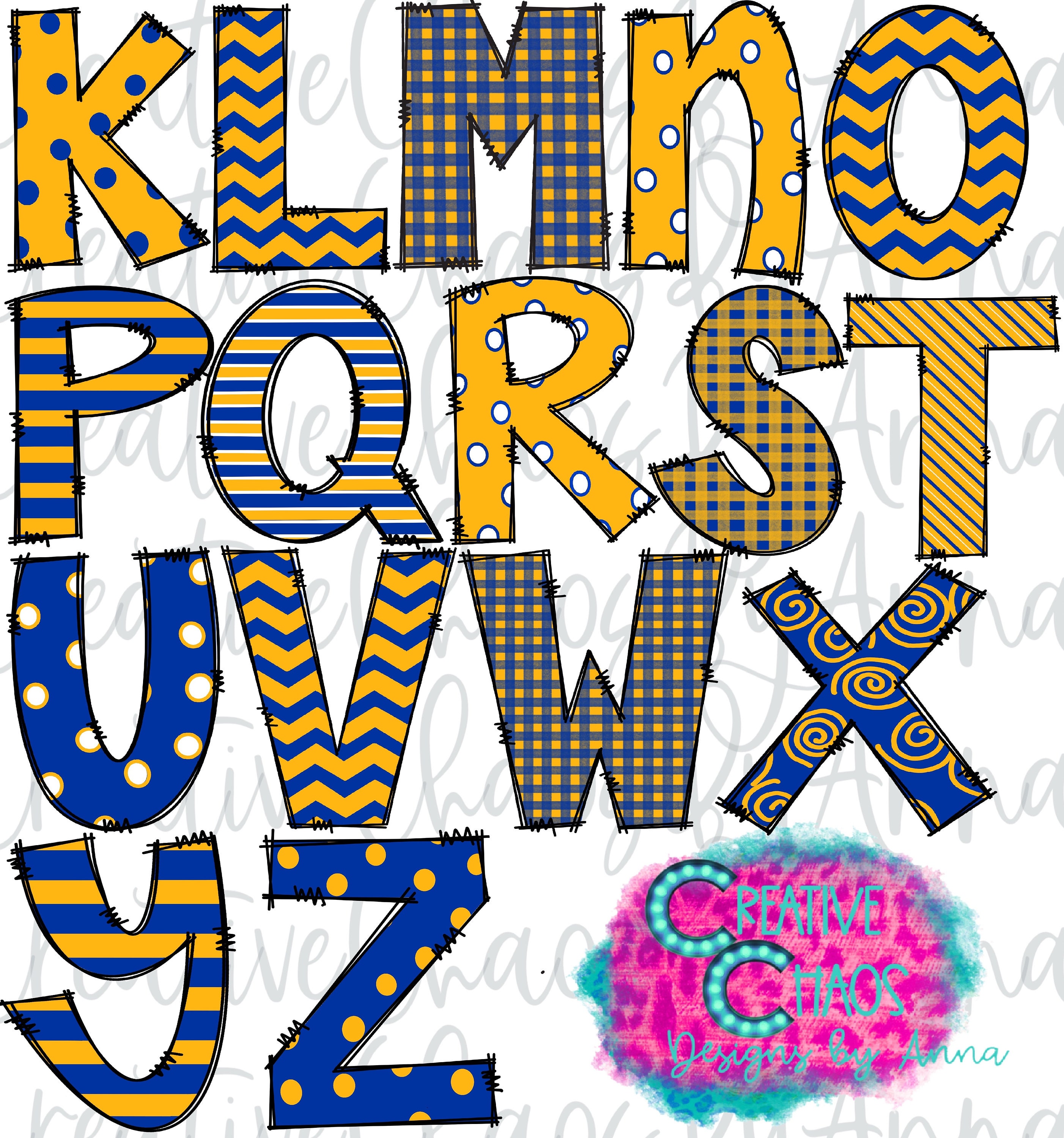 Blue and Yellow Doodle Letters Alphabet Bundle PNG Hand | Etsy