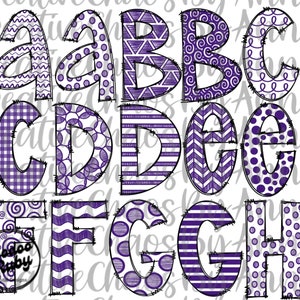 Doodle Alphabet PNG Bundle: Purple & White Letters (digital Download ...