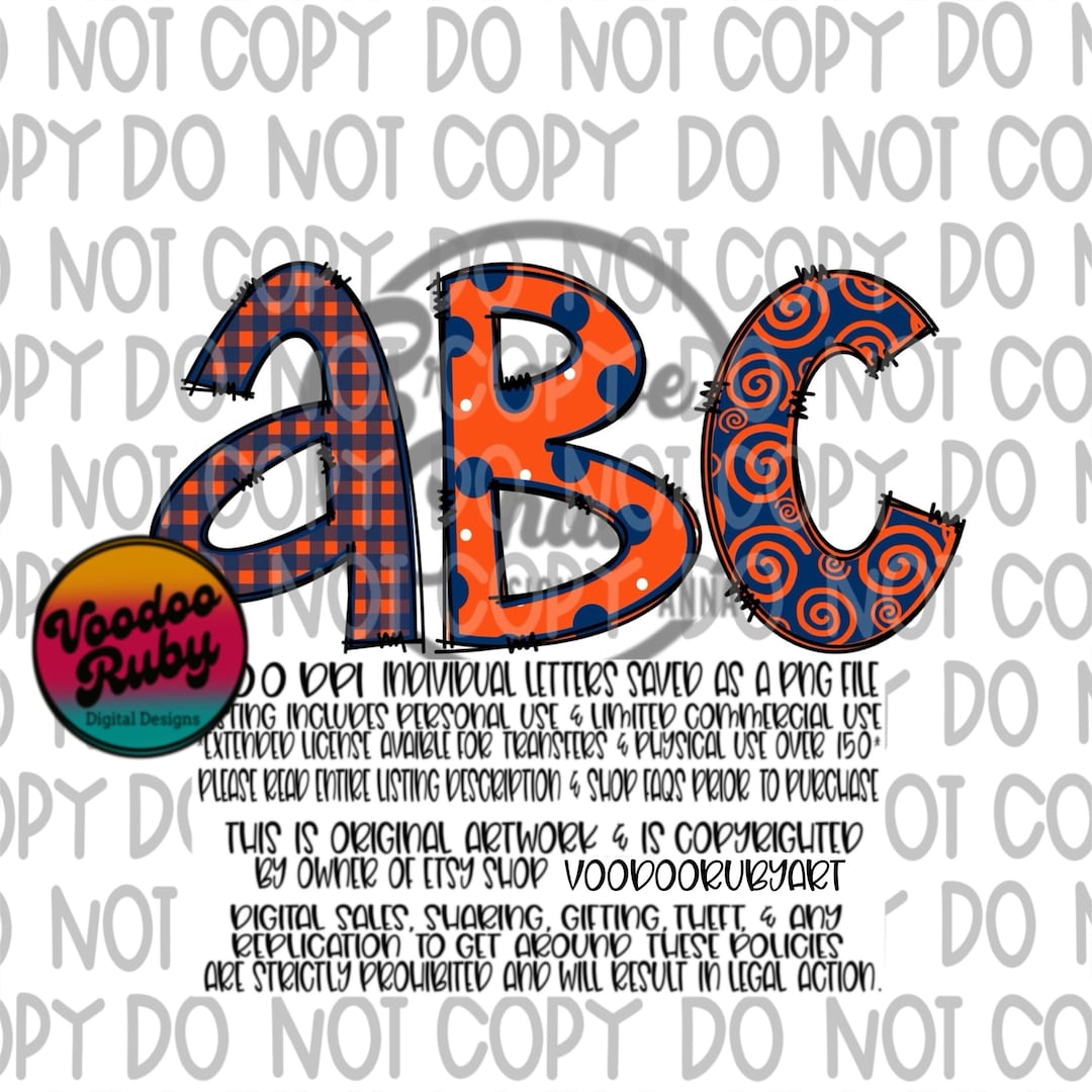 Navy and Orange Doodle Alphabet PNG Bundle: Hand-drawn Letters (digital ...