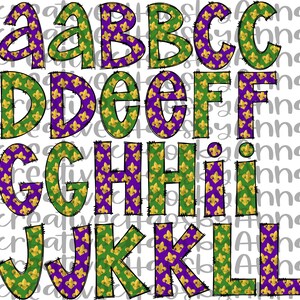 Mardi Gras Doodle Letters Alphabet Bundle PNG Hand Drawn Alphabet Alpha ...