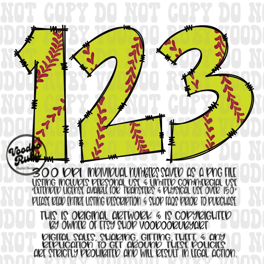 Softball PNG Doodle Numbers Bundle Hand Drawn Numbers Softball PNG ...