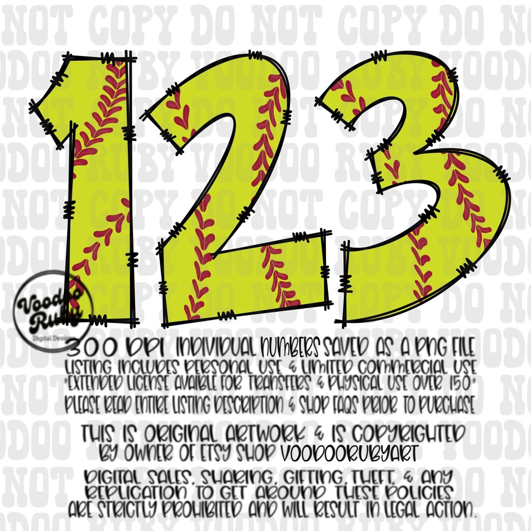 Softball PNG Doodle Numbers Bundle Hand Drawn Numbers Softball PNG ...