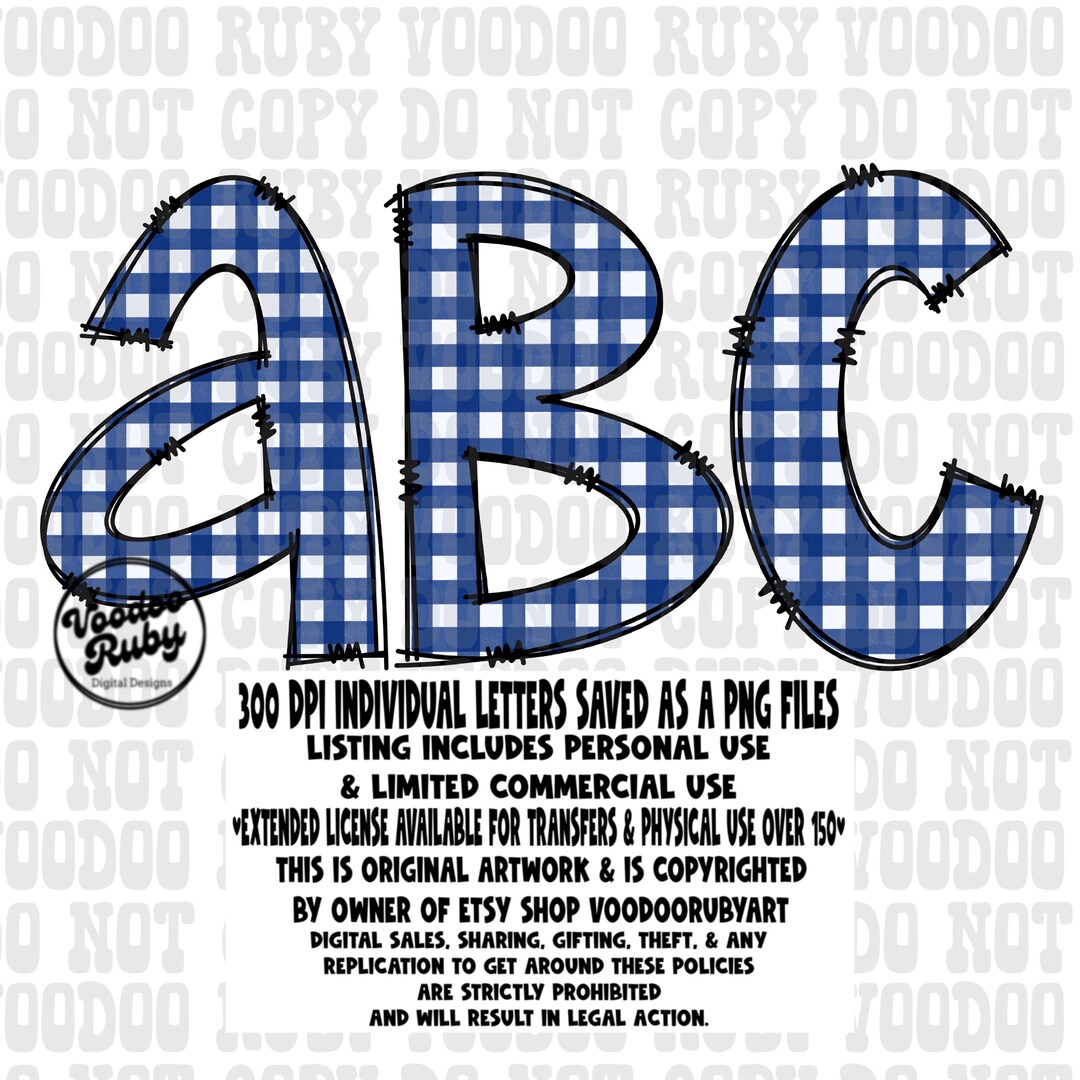 Blue and White Gingham Doodle Letters PNG Sublimation Doodle Letters ...