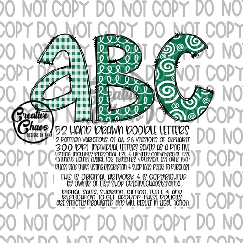 Green White Black Doodle Letters Alphabet Bundle PNG Hand - Etsy