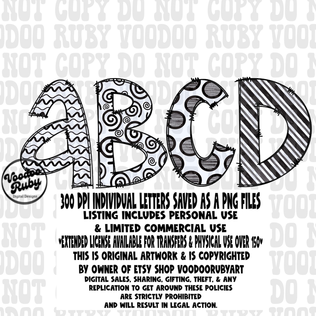 Doodle Alphabet PNG Bundle: Black White Hand Drawn Letters (digital ...