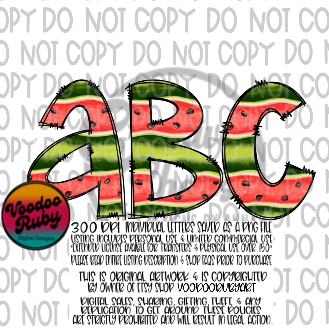 Watermelon Doodle Letters PNG Alphabet Bundle Sublimation Hand Drawn ...