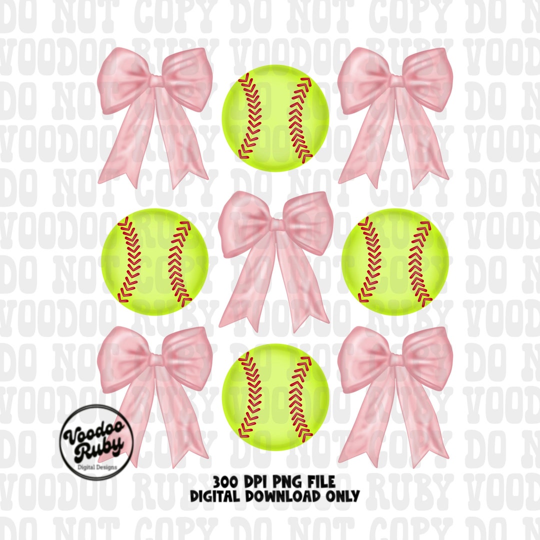 Pink Bow Softball PNG Design Sublimation Hand Drawn Digital Download ...