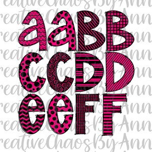 Black and Hot Pink Doodle Letters Sublimation Alphabet PNG Doodle ...