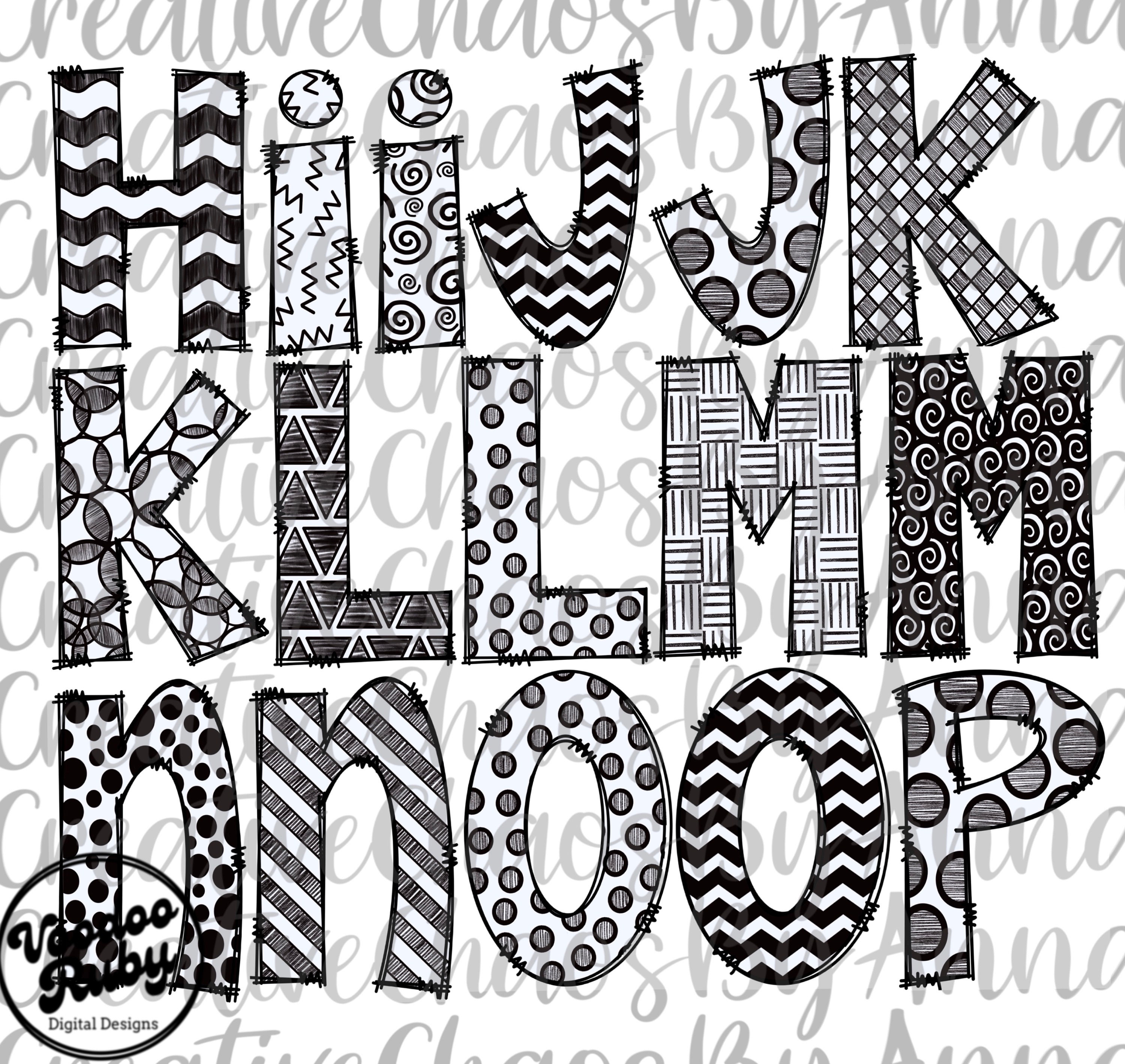 Doodle Alphabet PNG Bundle: Black White Hand Drawn Letters (digital ...