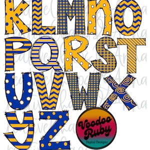 Blue Yellow Doodle Letters PNG Sublimation Alphabet Bundle PNG Hand ...