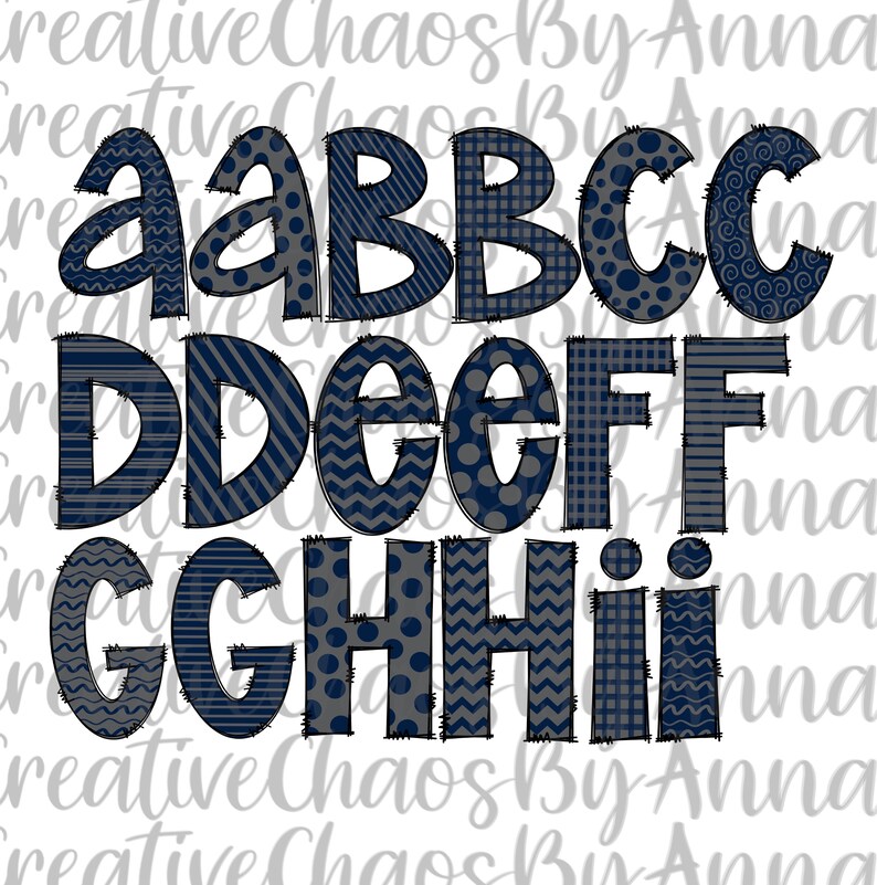 Navy Blue and Gray Doodle Letters Alphabet Bundle PNG Hand | Etsy