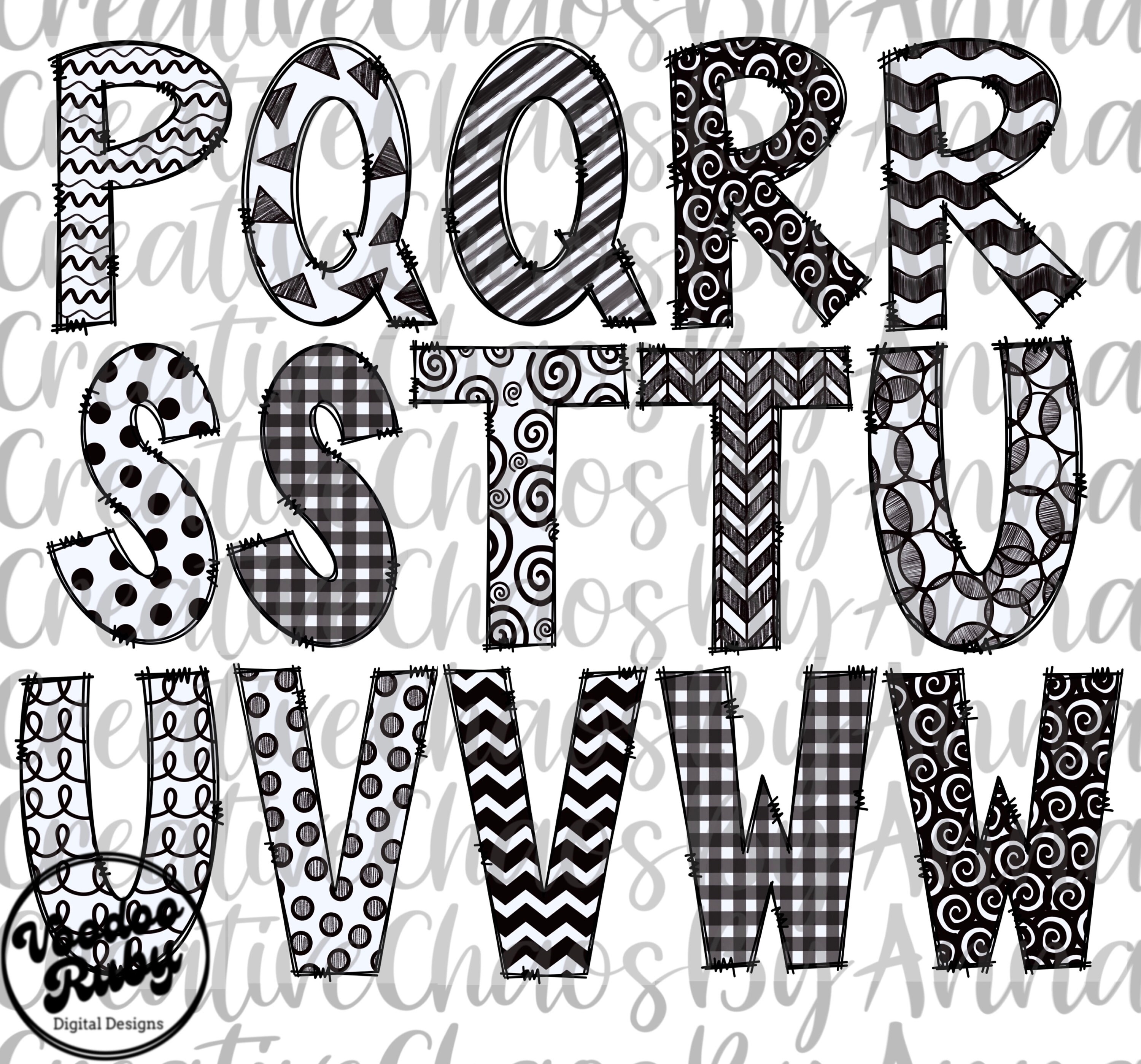 Doodle Alphabet PNG Bundle: Black White Hand Drawn Letters (digital ...