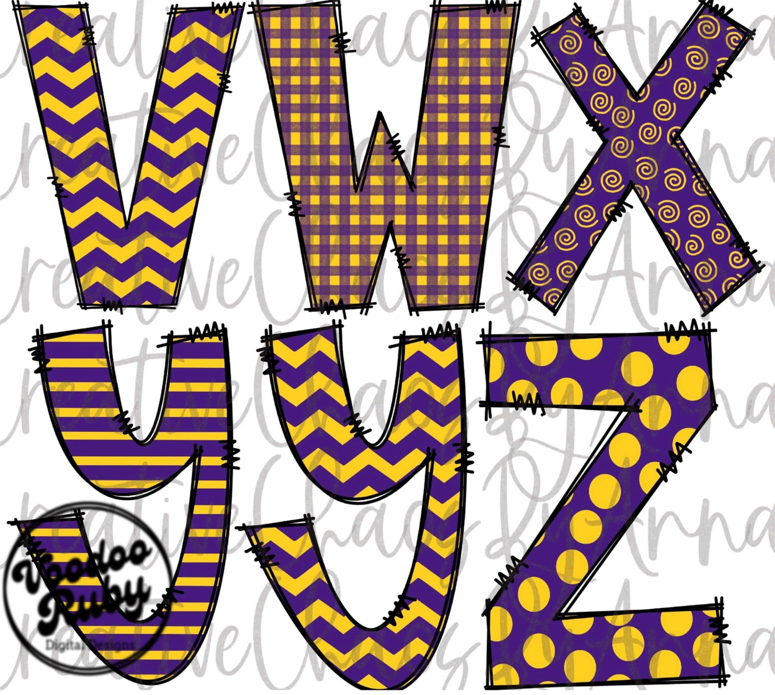 Purple Gold Doodle Letters: Hand-drawn Alphabet (PNG Digital Download ...