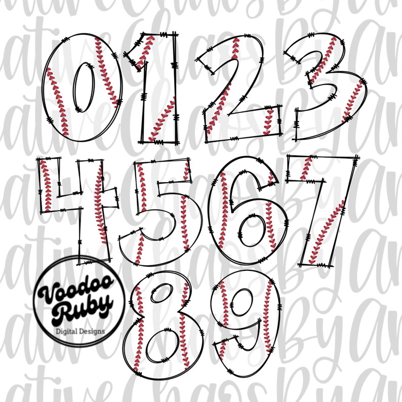 Baseball Doodle Numbers PNG Bundle: Hand-drawn Sublimation Design ...