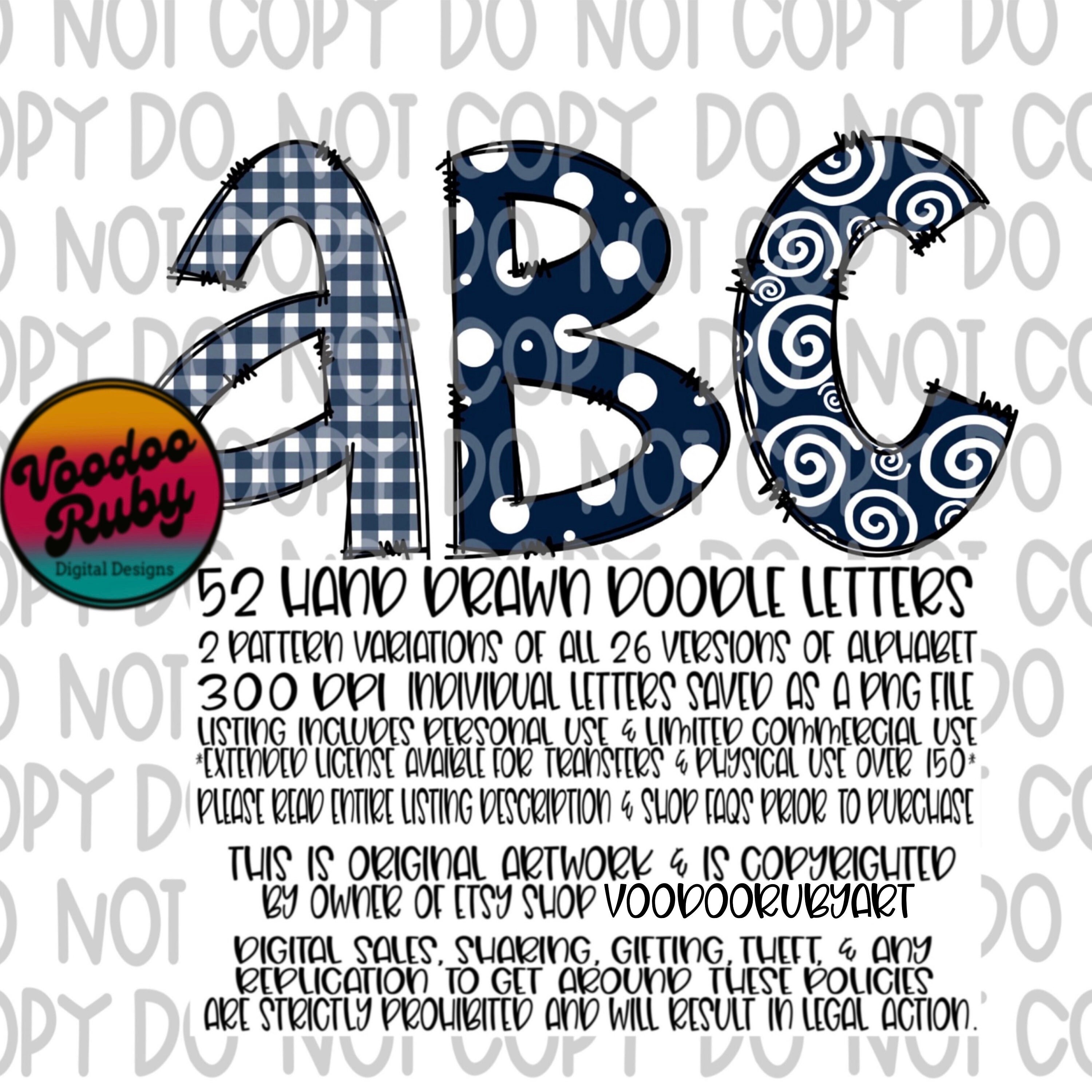 Doodle Letters Alphabet Bundle: Navy Blue & White PNG (digital Download ...