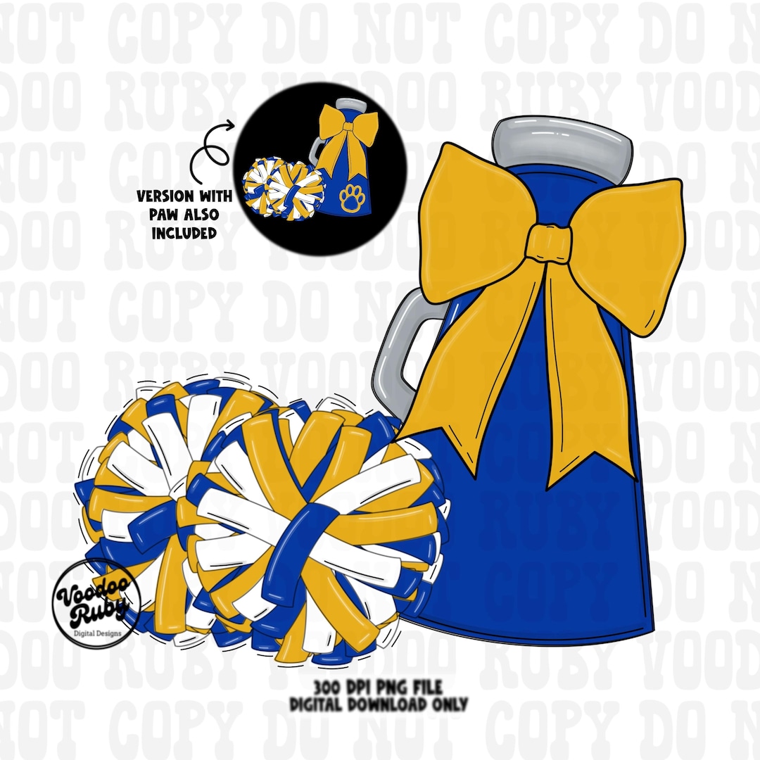 Blue and Gold Cheer Megaphone & Pom Poms PNG: Sublimation Design ...