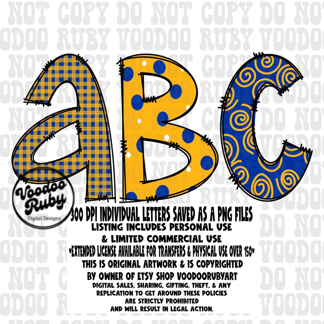 Blue Yellow Doodle Letters PNG Sublimation Alphabet Bundle PNG Hand ...