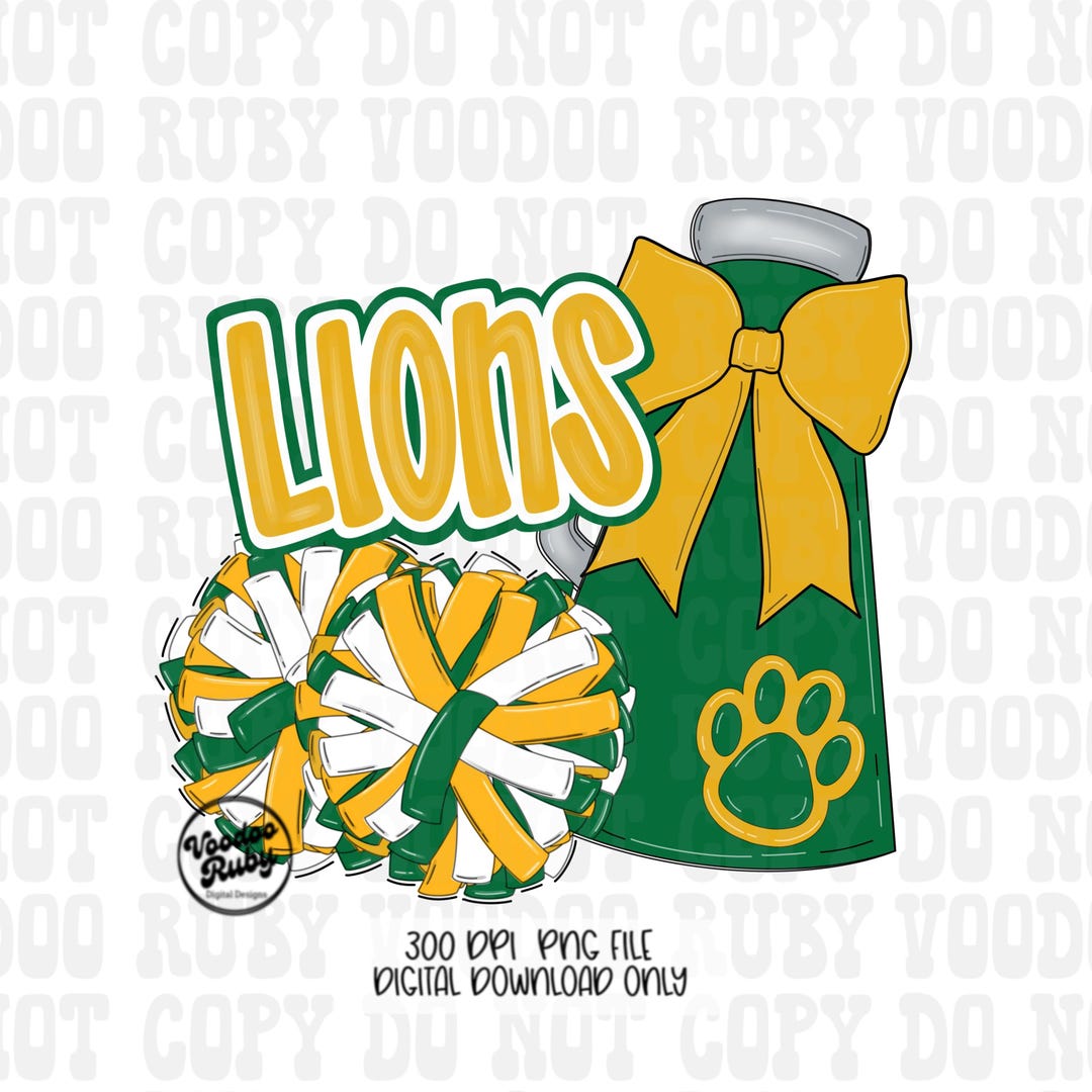 Lions Cheer PNG: Green & Gold Mascot, Sublimation Design (digital ...