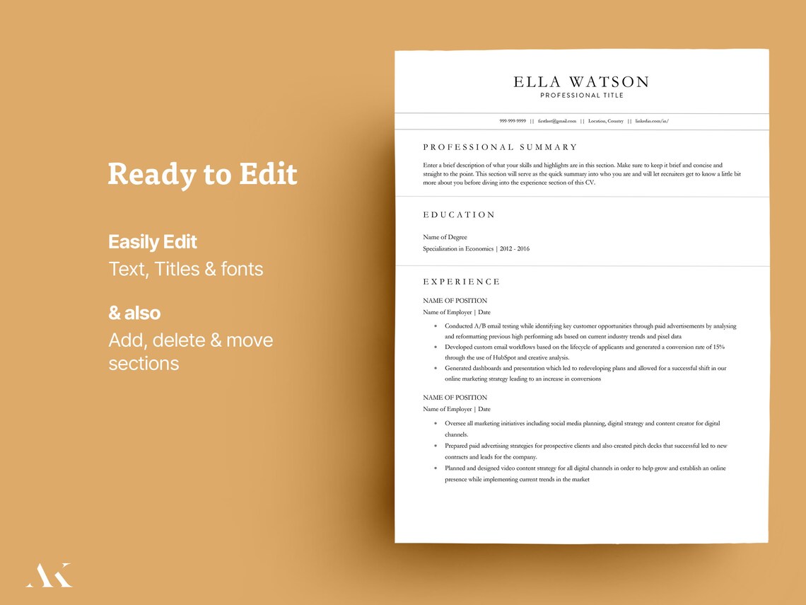 Simple Resume Template INSTANT DOWNLOAD Editable Resume - Etsy Canada
