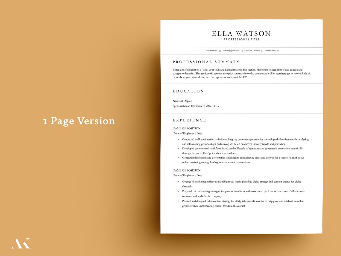 Simple Resume Template INSTANT DOWNLOAD Editable Resume - Etsy Canada