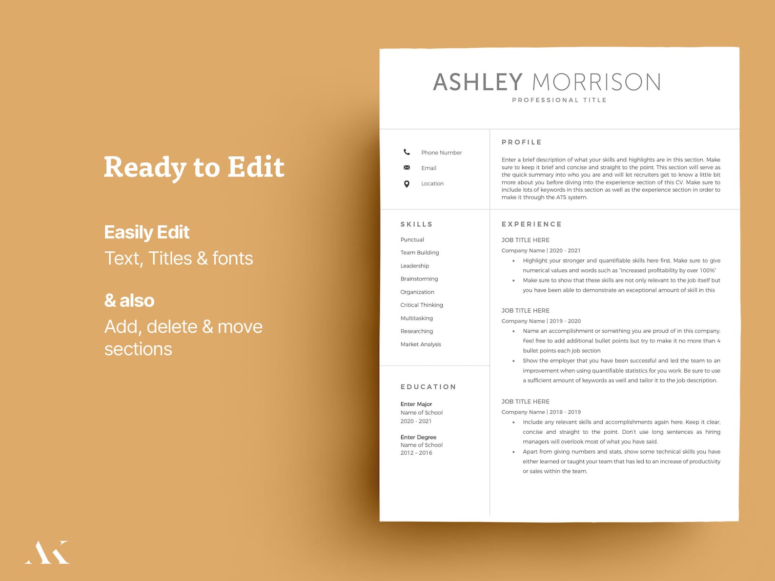 Minimal Resume Template INSTANT DOWNLOAD Editable Resume Modern Resume ...