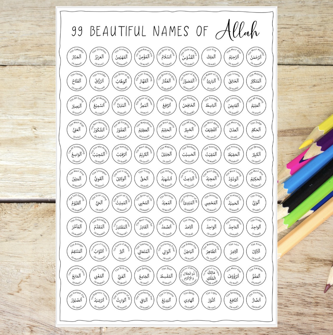 99 Names of Allah Colour in Memorisation Poster - Arabic & English ...