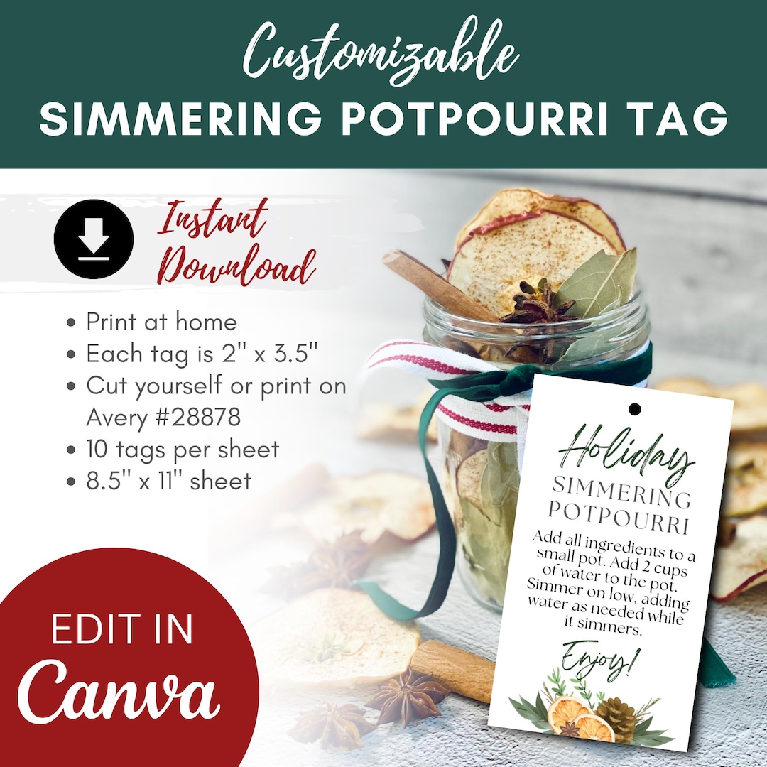 Editable Potpourri Simmer Tags | Print at Home | Handmade Holiday Ideas ...