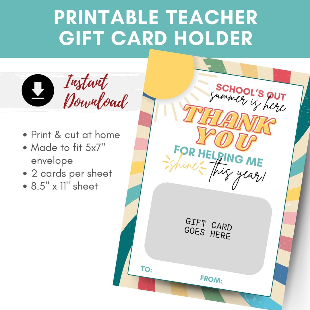 End of the Year Teacher Gift Card Holder Teacher Thank You Gift Digital ...