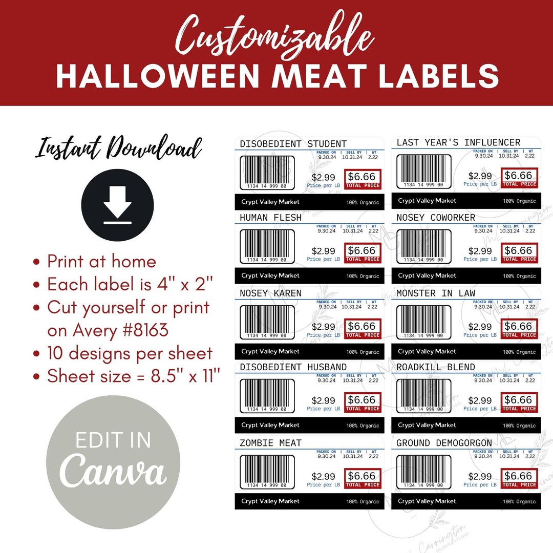 Editable Halloween Meat Labels: Funny Food Stickers (instant Download ...