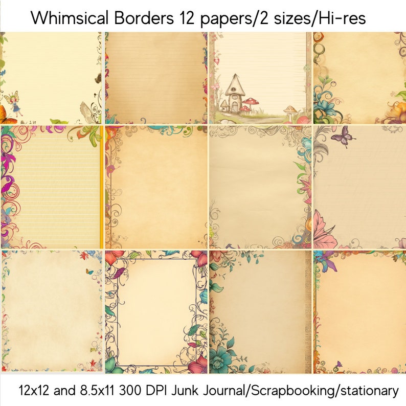 2 Sizes-12x12 and 8.5x11- 12 Papers With Whimsical, Floral Borders and ...