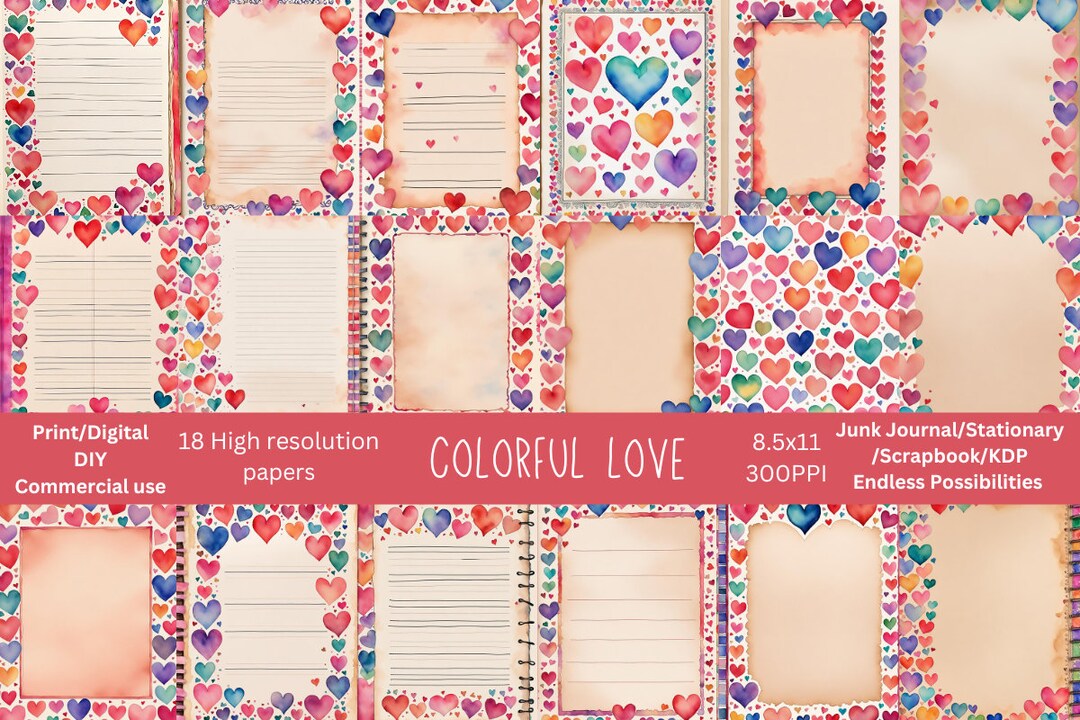 18 Beautiful, Colorful Love Themed Papers, Hi-res 300 Ppi/8.5x11 in ...