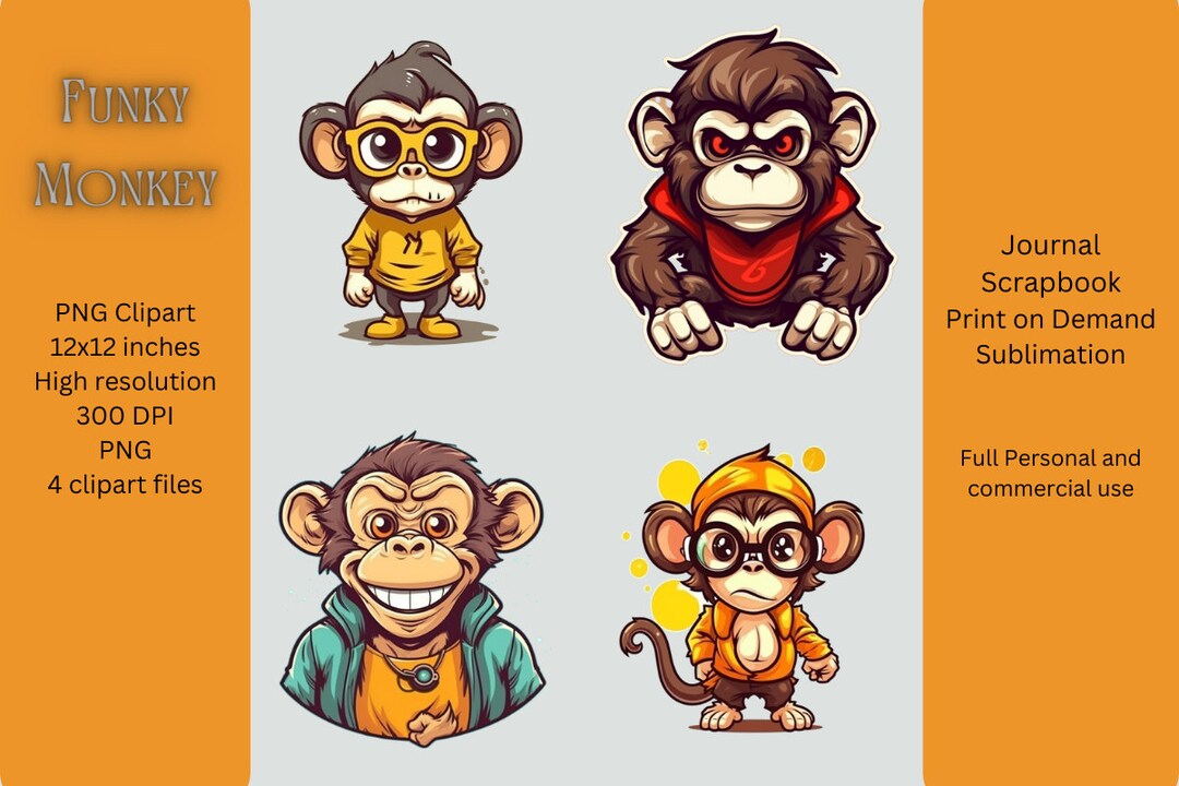 4 PNG Clipart Files, Funky Monkey, Cute, Adorable Monkey's for Print on ...