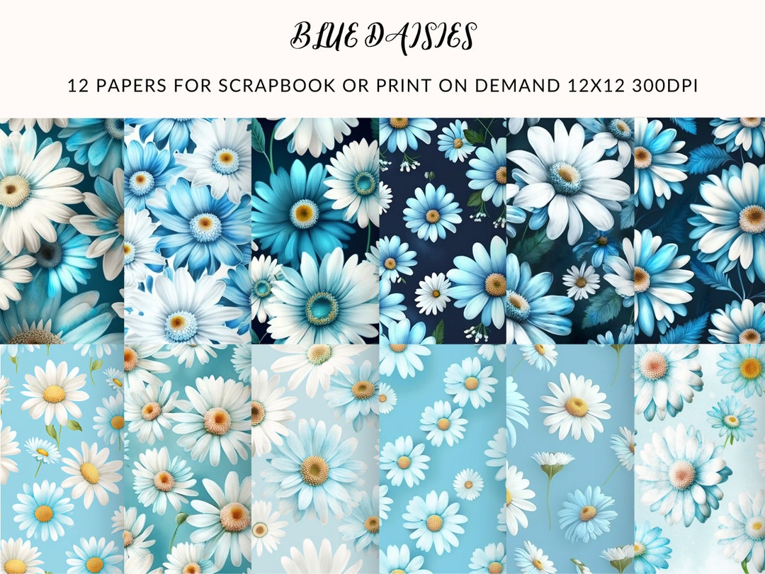 12 Beautiful Watercolor Blue Daisy Papers for Scrapbook, Journal ...