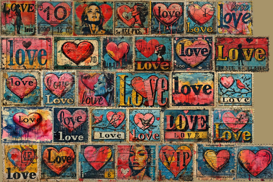 Printable Ephemera- 35 Postage Stamps LOVE Themed, Cut Out/stickers ...