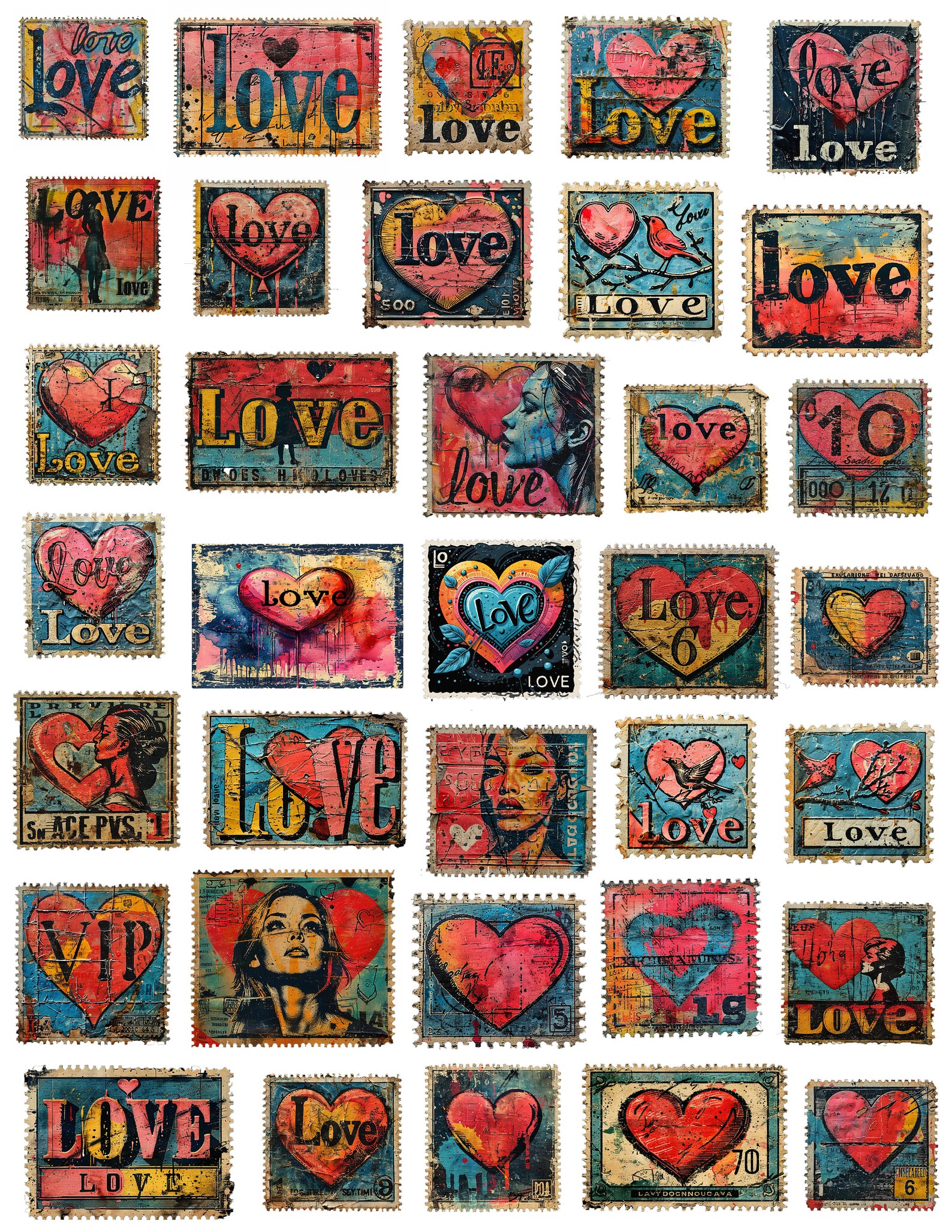 Printable Ephemera- 35 Postage Stamps LOVE Themed, Cut Out/stickers ...