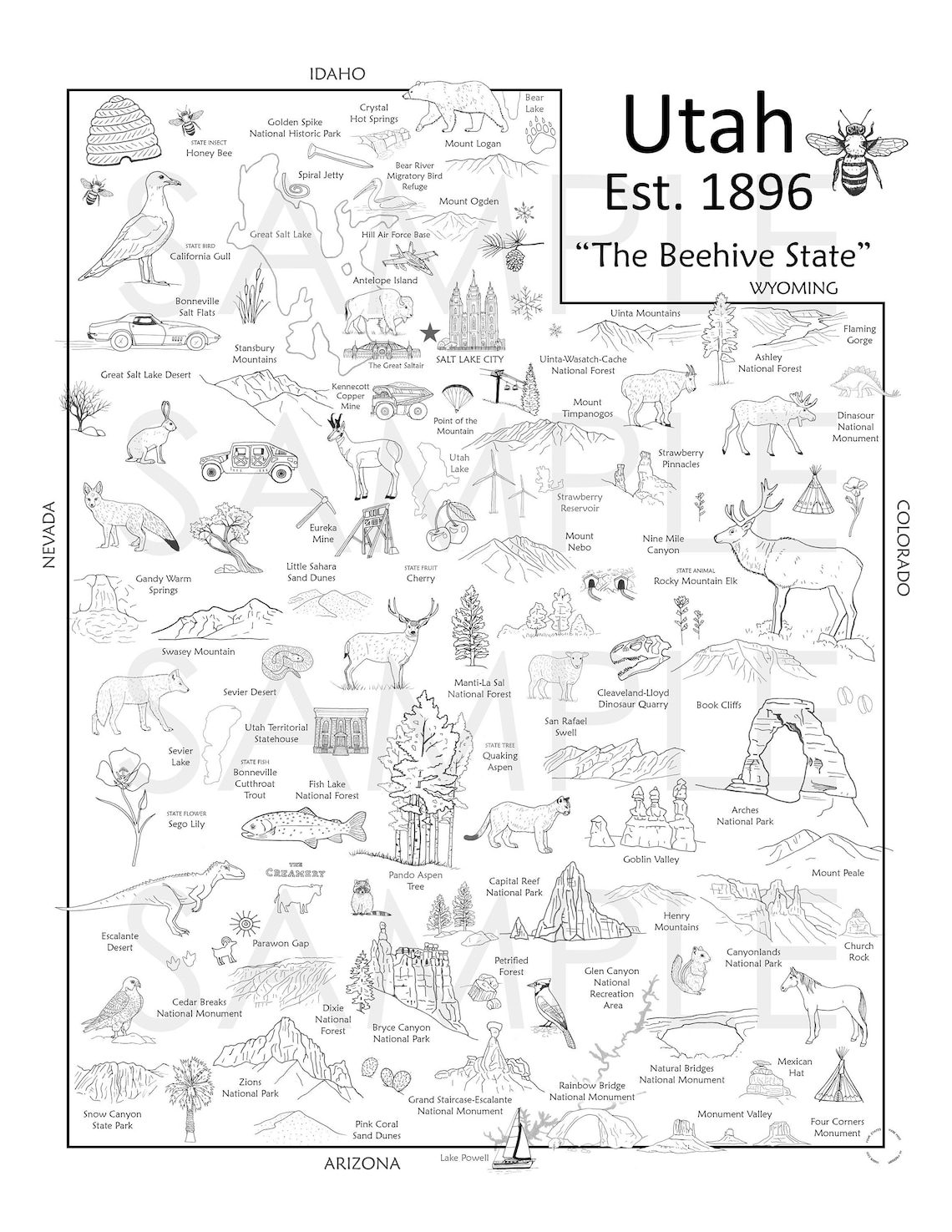 Utah Map Coloring Page - Etsy
