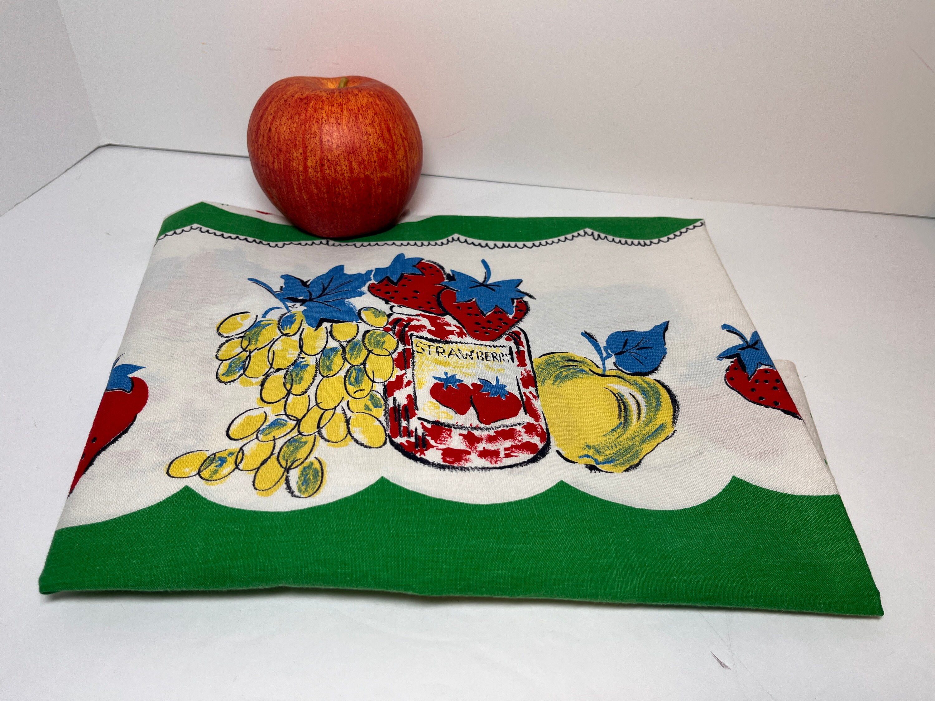 Large Vintage Kitchen Towel, Cotton, Apple Jelly and Strawberry Jam ...